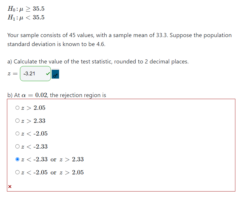 Solved H0:μ≥35.5H1:μ