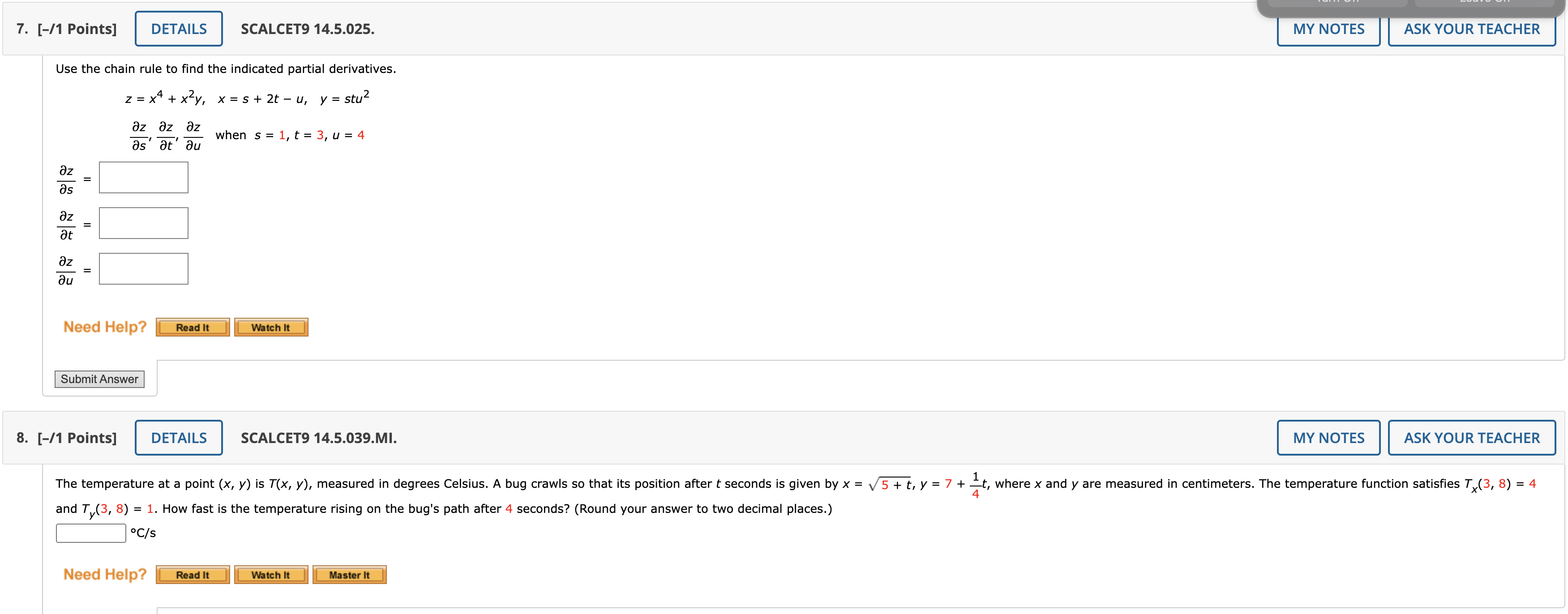 Solved [-/1 Points] SCALCET9 14.5.025. Use the chain rule to | Chegg.com