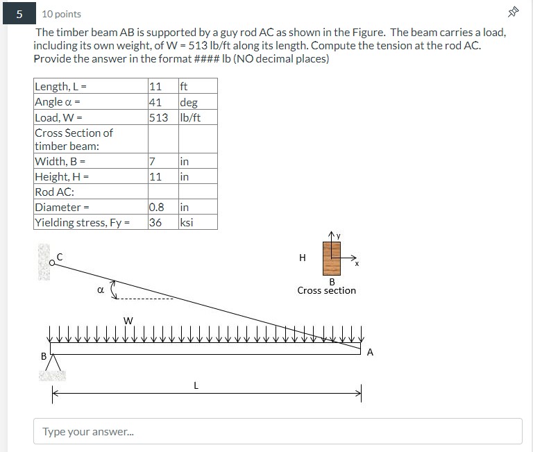Solved The timber beam AB is supported by a guy rod AC as | Chegg.com