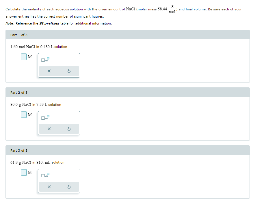 Solved Calculate the molarity of each aqueous solution with | Chegg.com