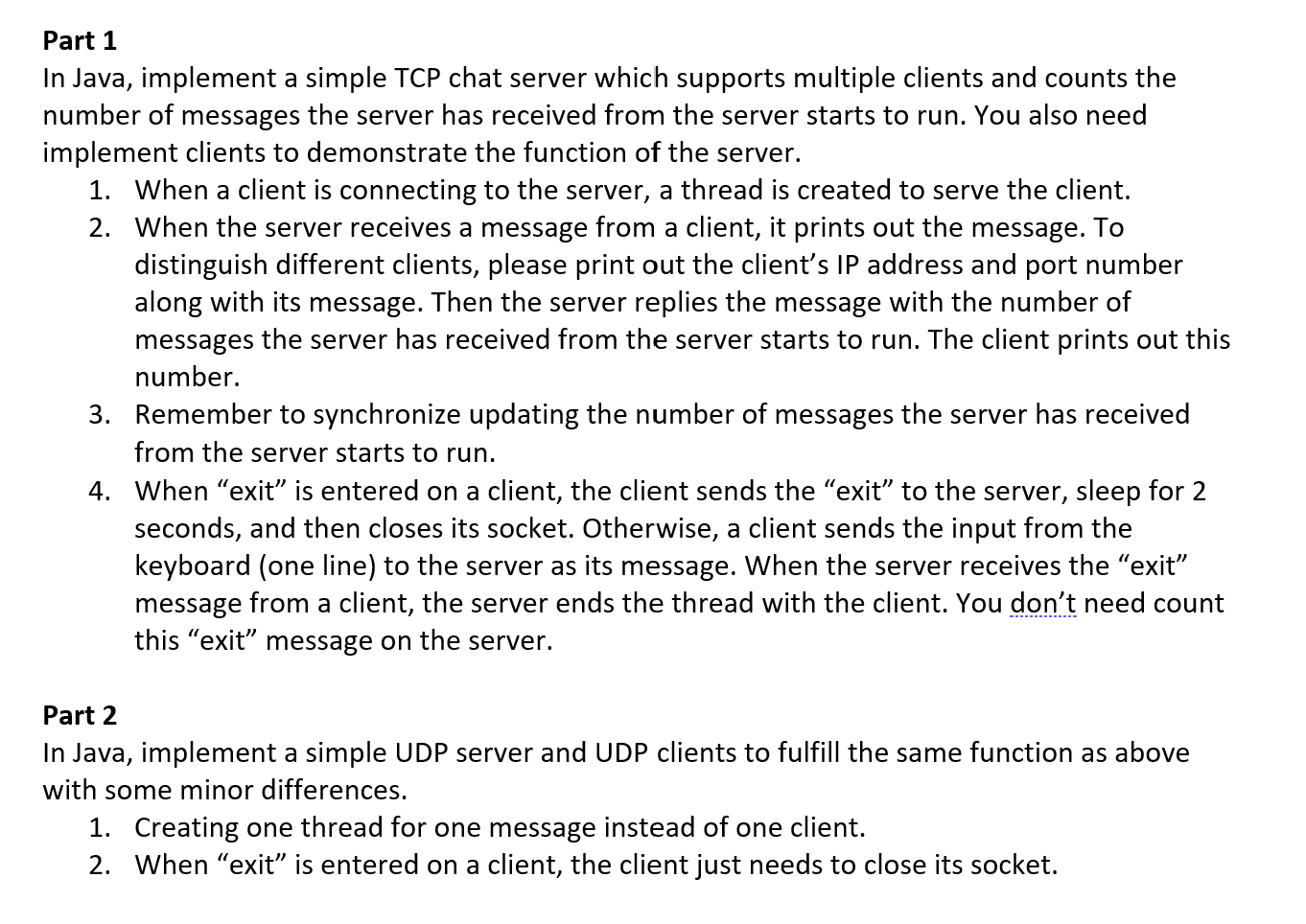 Part 1 In Java, implement a simple TCP chat server | Chegg.com
