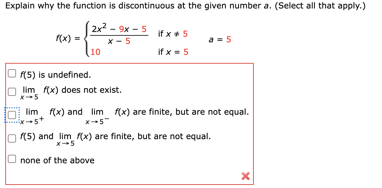 Solved f(x)={x−52x2−9x−510 if x =5 if x=5a=5 f(5) is | Chegg.com