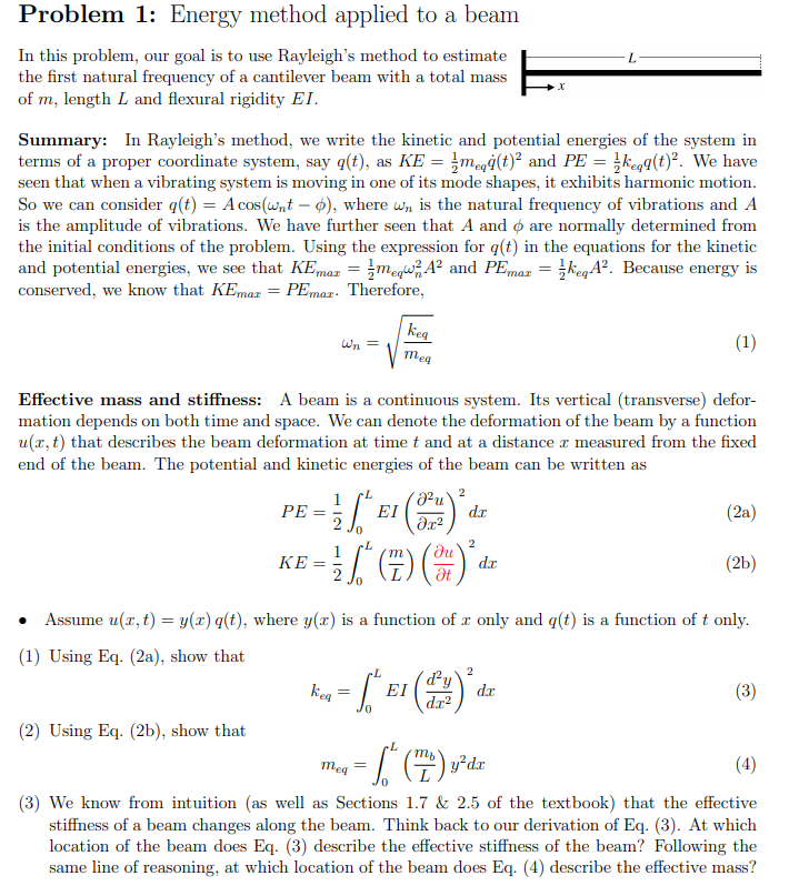 Solved Problem 1: Energy method applied to a beam In this | Chegg.com