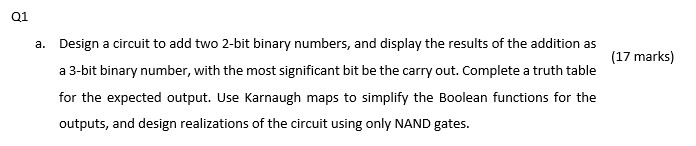 Solved Q1 (17 marks) a. Design a circuit to add two 2-bit | Chegg.com