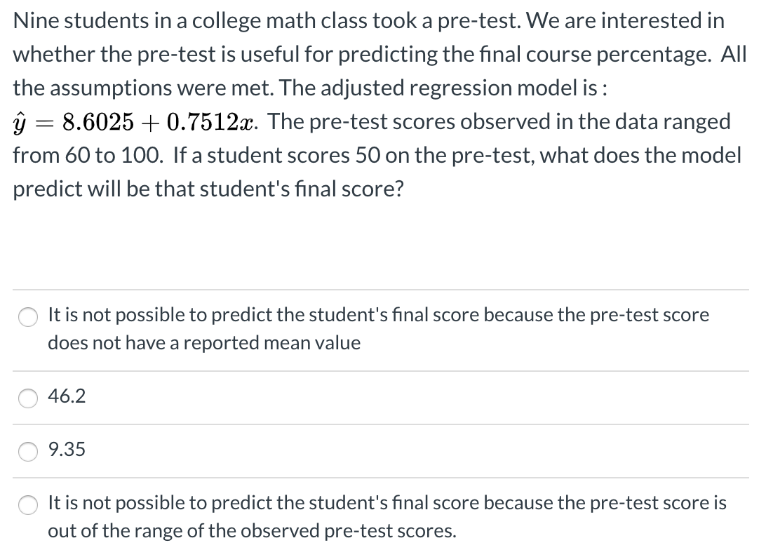 Solved Nine students in a college math class took a | Chegg.com