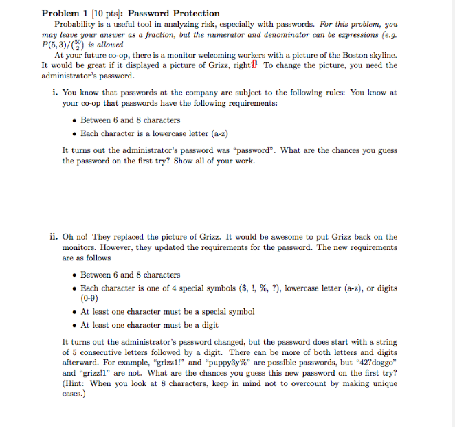 Solved Problem 1 (10 pts): Password Protection Probability | Chegg.com