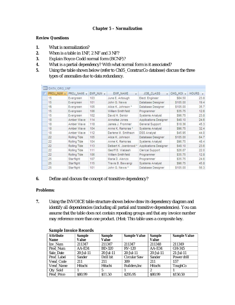 Solved Chapter 5 - Normalization Review Questions 1. 2. 3. | Chegg.com