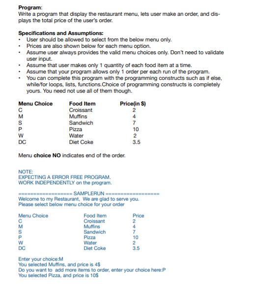 Solved Program: Write a program that display the restaurant | Chegg.com