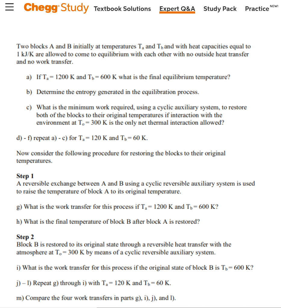 Solved Two Blocks A And B Initially At Temperatures Ta And
