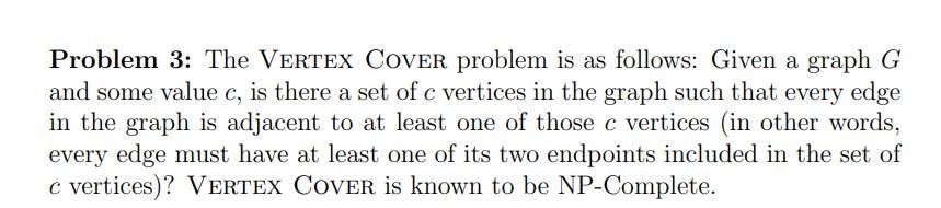 Solved Problem 3: The VERTEX COVER problem is as follows: | Chegg.com