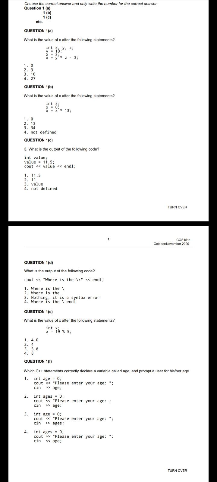 Solved Choose the correct answer and only write the number | Chegg.com