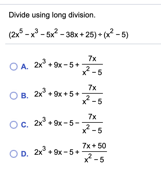 Solved Divide using long division. (2x5 – x x3 – 5x² - 38x + | Chegg.com