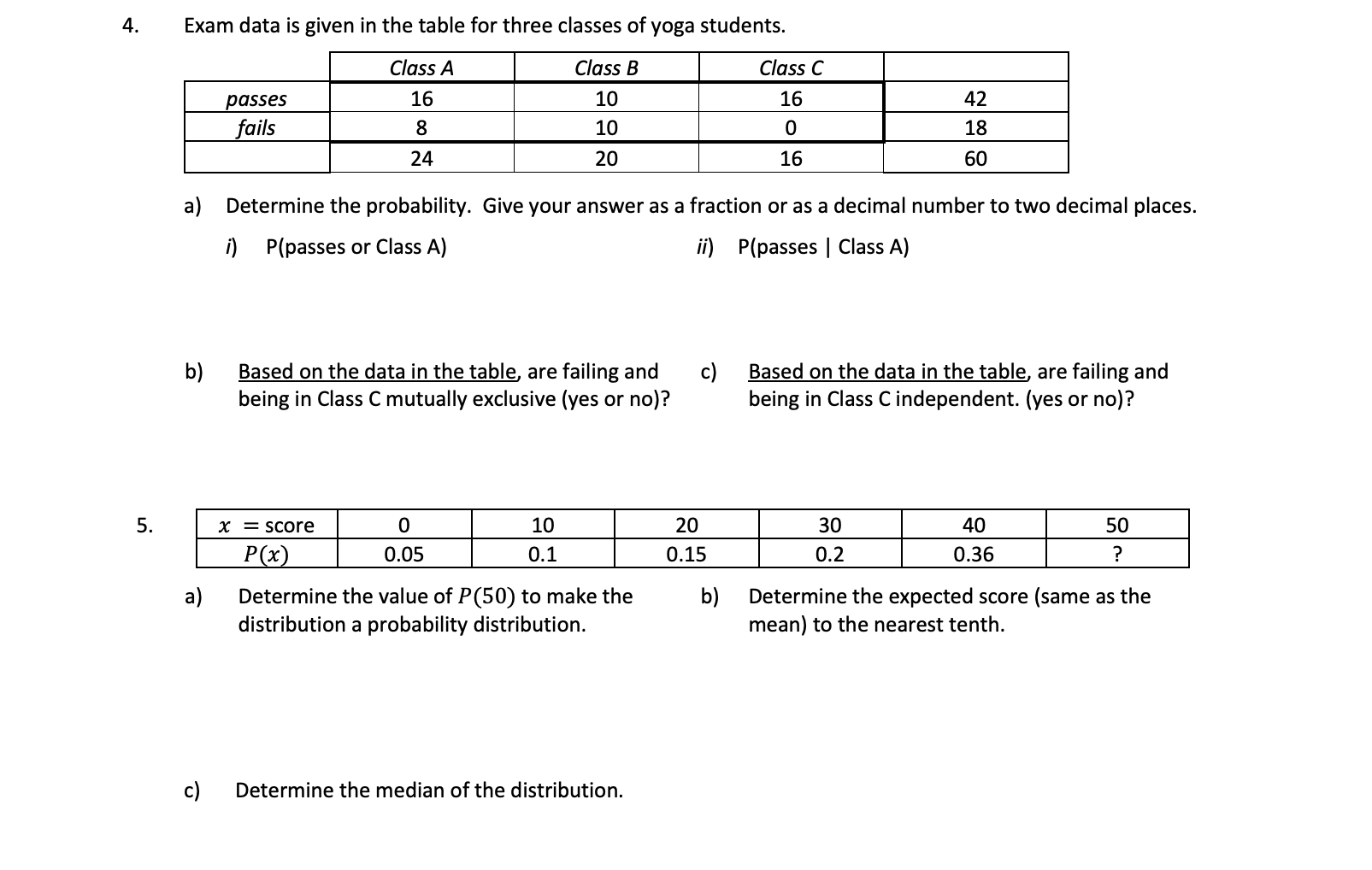 Solved 4. Exam data is given in the table for three classes | Chegg.com