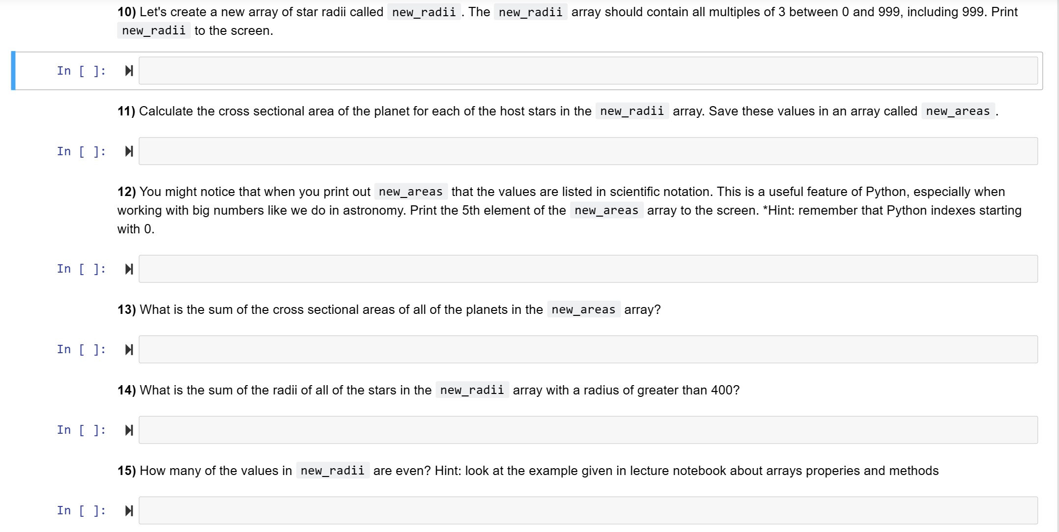 Solved 10) Let's create a new array of star radii called | Chegg.com