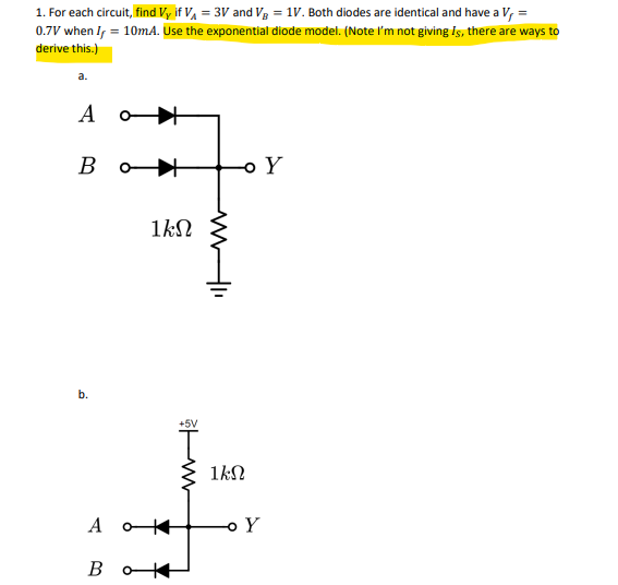 Solved 1. For each circuit, find VY if VA=3V and VB=1V. Both | Chegg.com