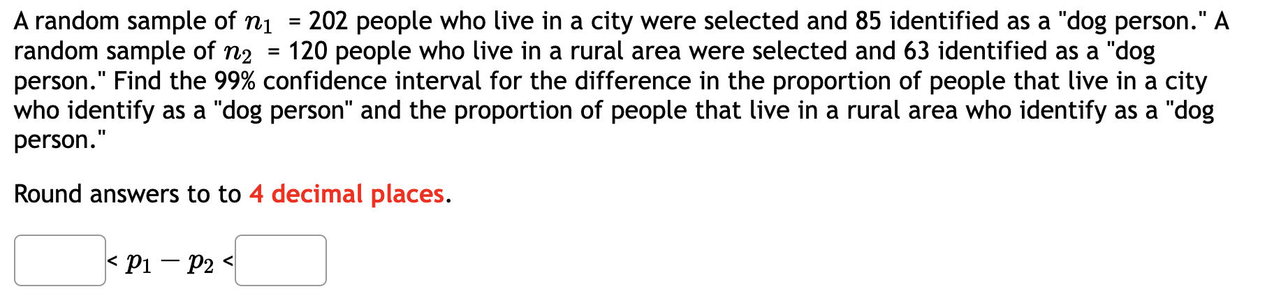 Solved A random sample of n1=202 people who live in a city | Chegg.com