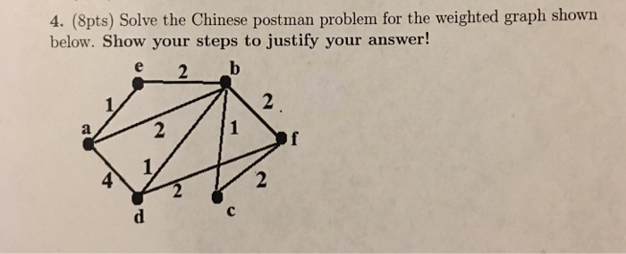 Solved 4. (Spts) Solve the Chinese postman problem for the | Chegg.com Solved 4. (Spts) Solve the Chinese postman problem for the | Chegg.com