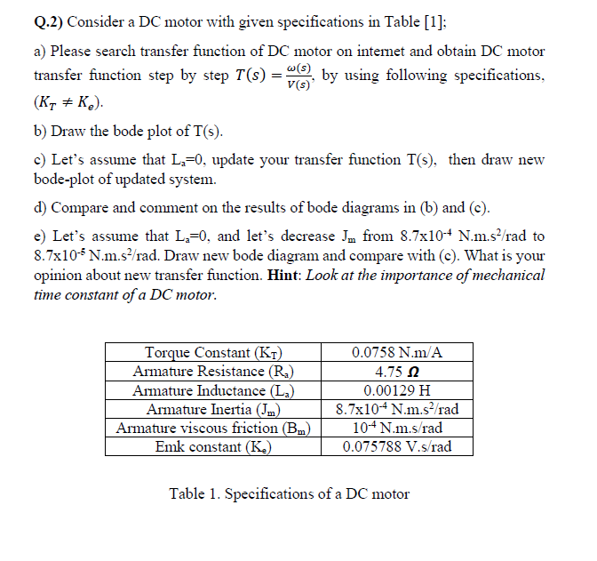 Solved Q.2) Consider a DC motor with given specifications in | Chegg.com