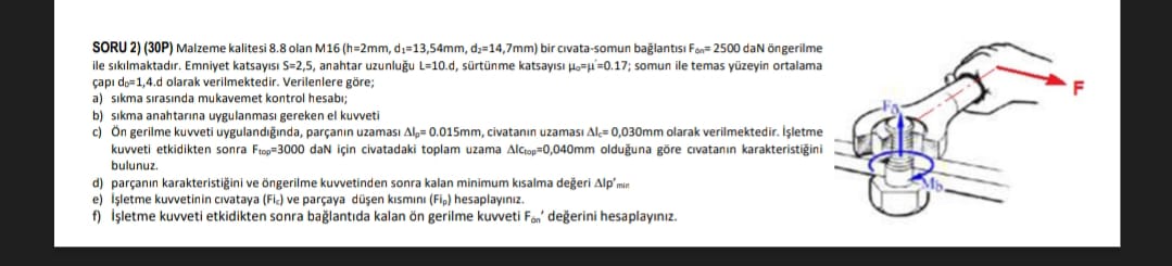 Solved QUESTION 2) (30P) M16 (h=2mm, d1=13.54mm, d2=14.7mm) | Chegg.com