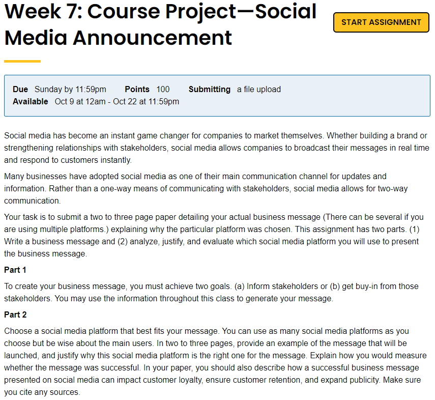 Week 7: Course Project-Social Media Announcement | Chegg.com