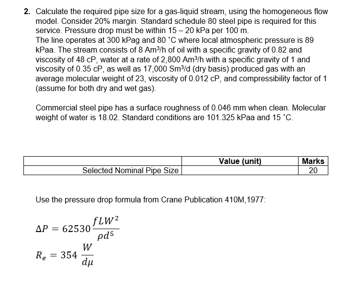 Solved 2. Calculate the required pipe size for a gas-liquid | Chegg.com