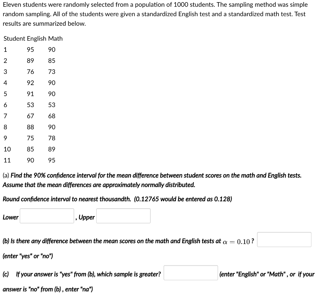 Solved Eleven students were randomly selected from a | Chegg.com