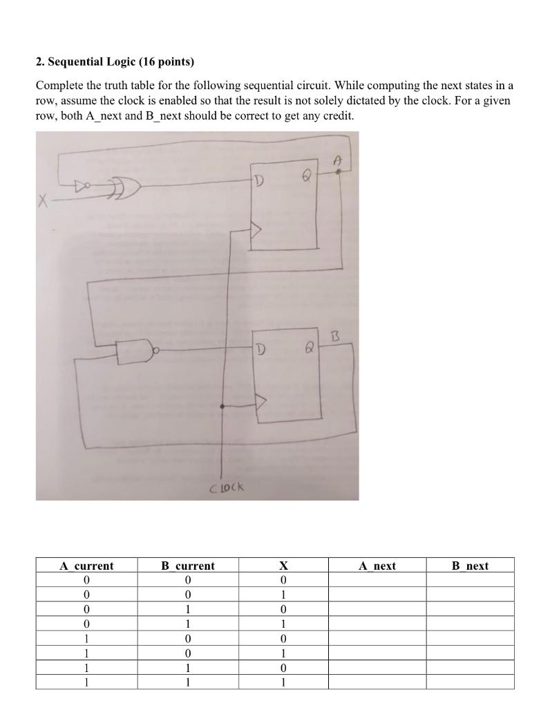 Solved 2. Sequential Logic (16 points) Complete the truth | Chegg.com
