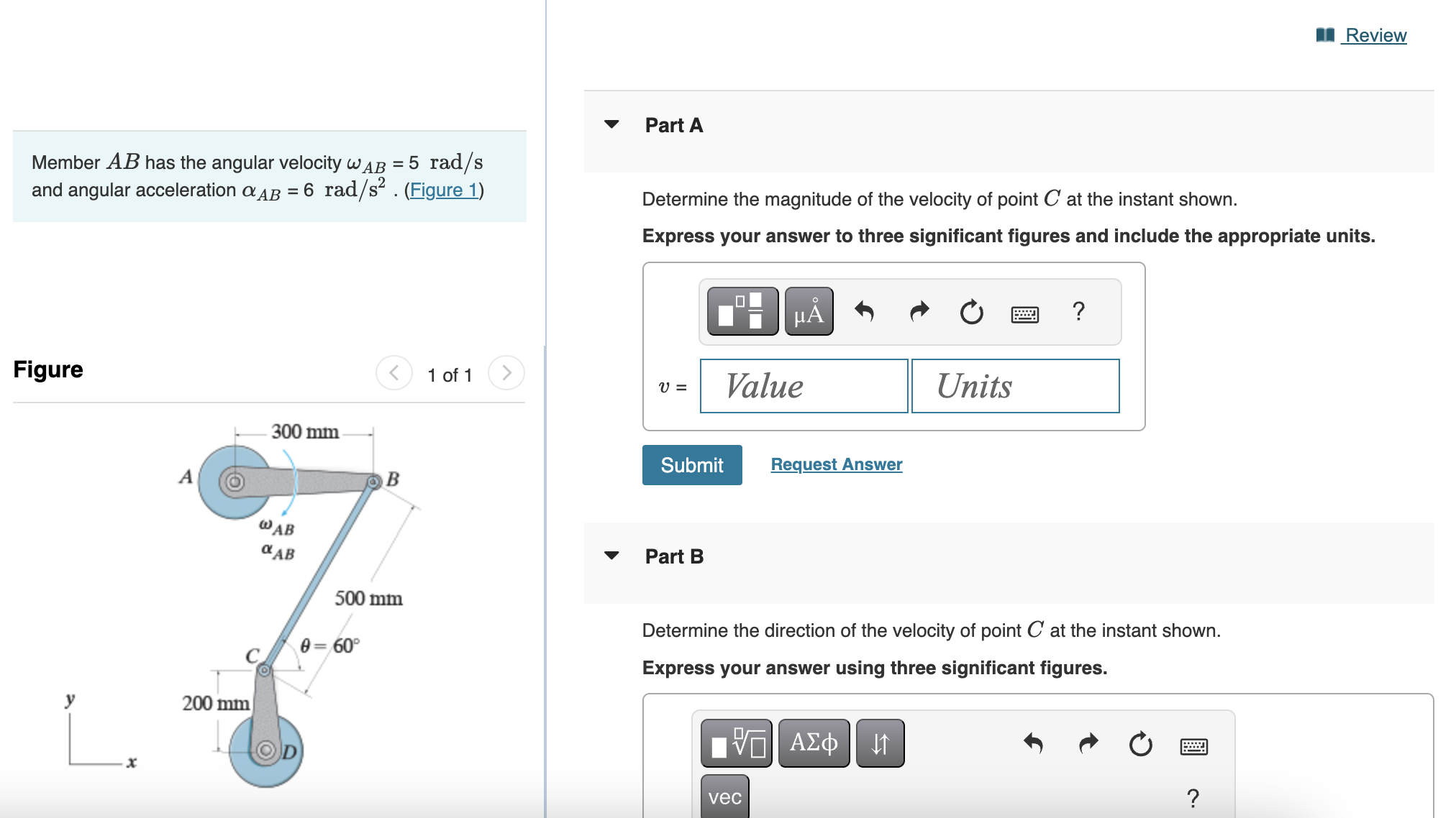 Solved Member AB ﻿has the angular velocity ωAB=5radsand | Chegg.com