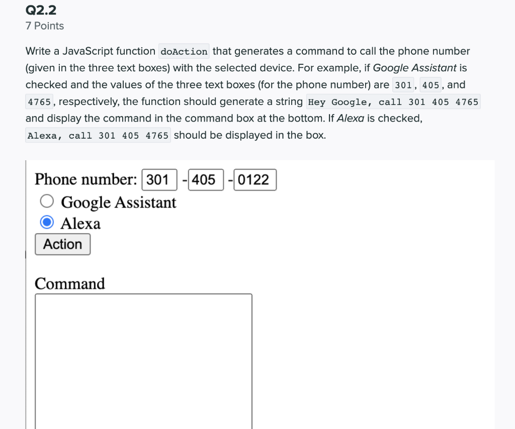 Solved Q2.2 7 Points Write a JavaScript function doAction | Chegg.com