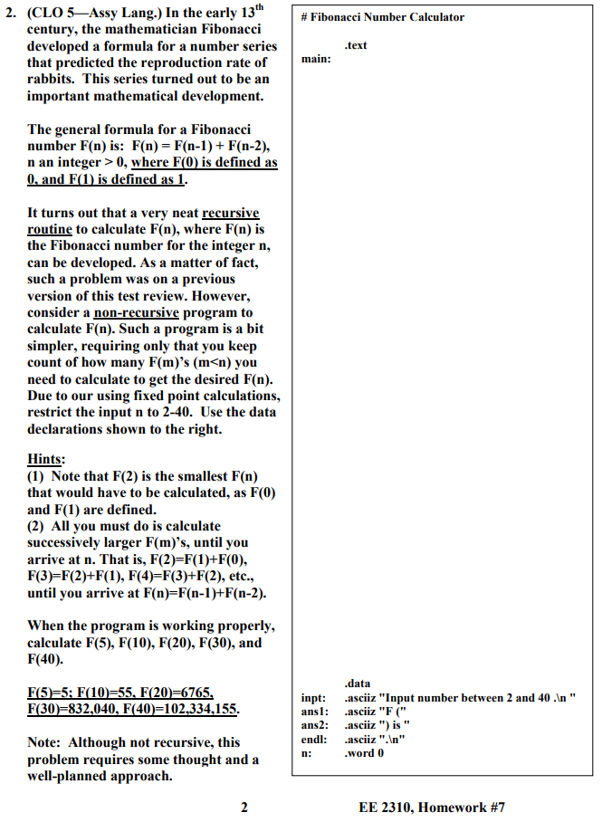# Fibonacci Number Calculator .text 2. (CLO 5-Assy | Chegg.com