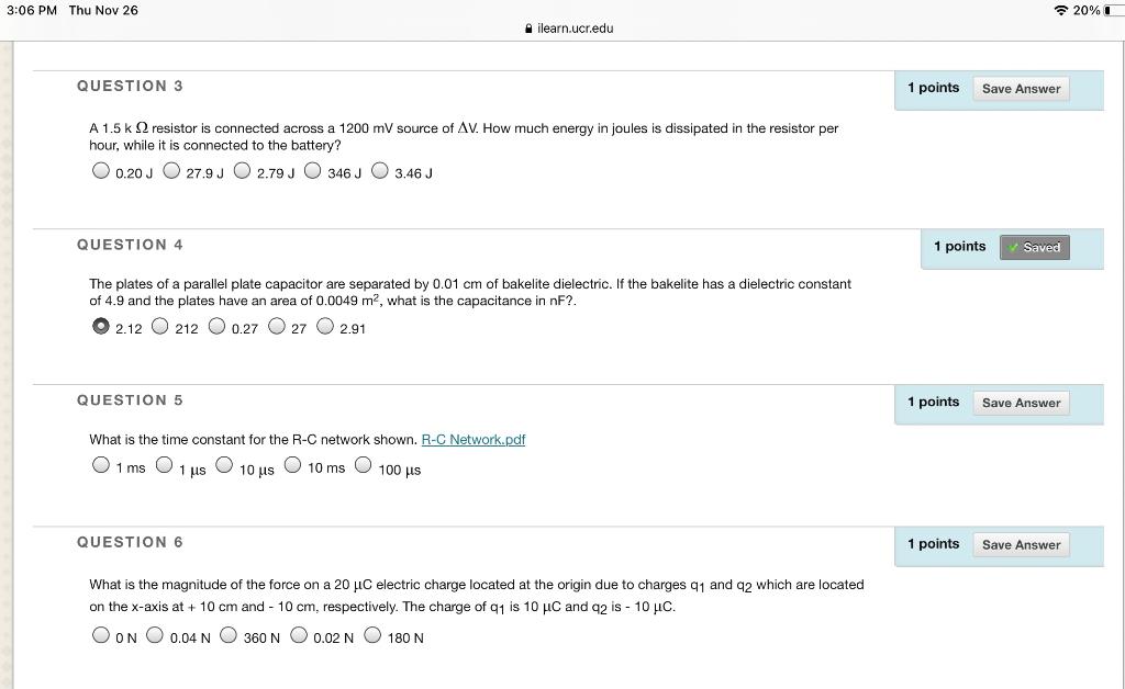 Solved 3:06 PM Thu Nov 26 20% ilearn.ucr.edu QUESTION 3 1 | Chegg.com