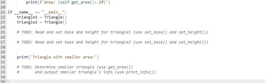 Solved Given class Triangle, complete the program to read | Chegg.com