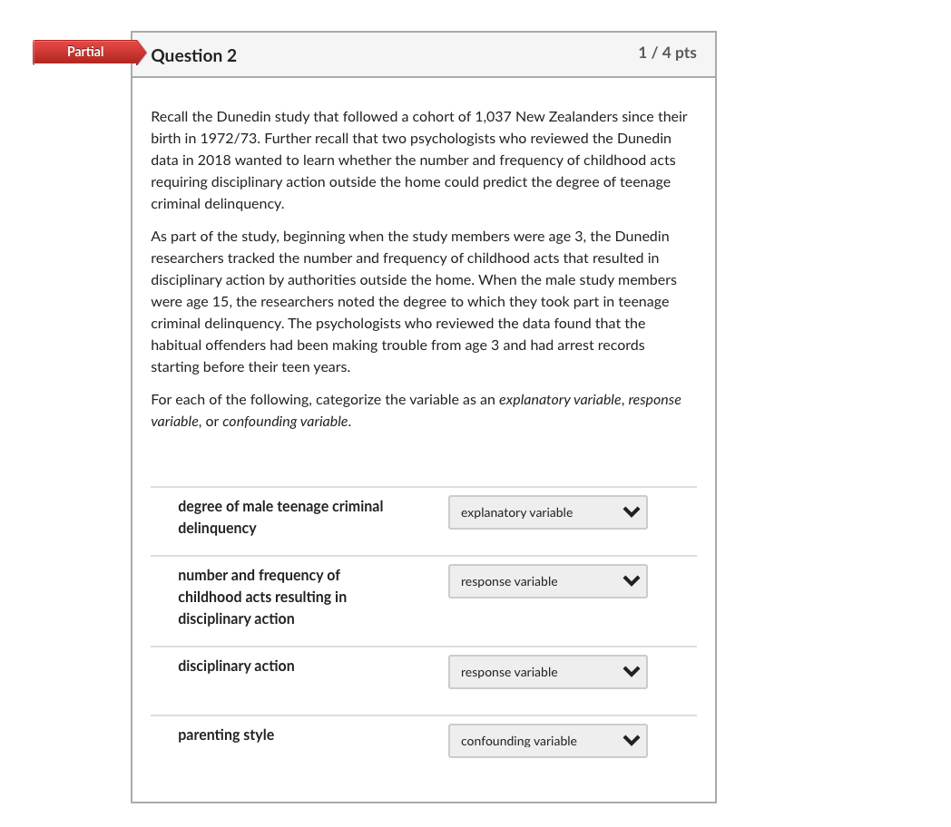 Solved Partial Question 2 1/4 pts Recall the Dunedin study | Chegg.com