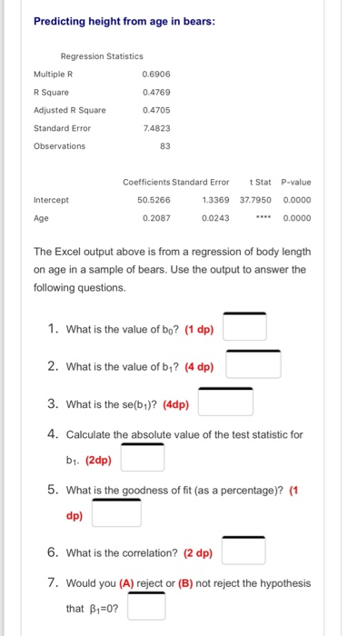 Solved Predicting height from age in bears Regression | Chegg.com