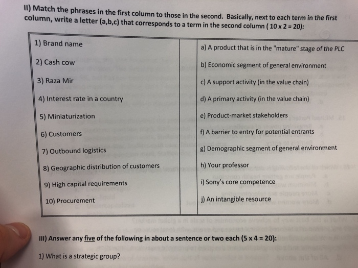 Solved Il) Match the phrases in the first column to those in | Chegg.com