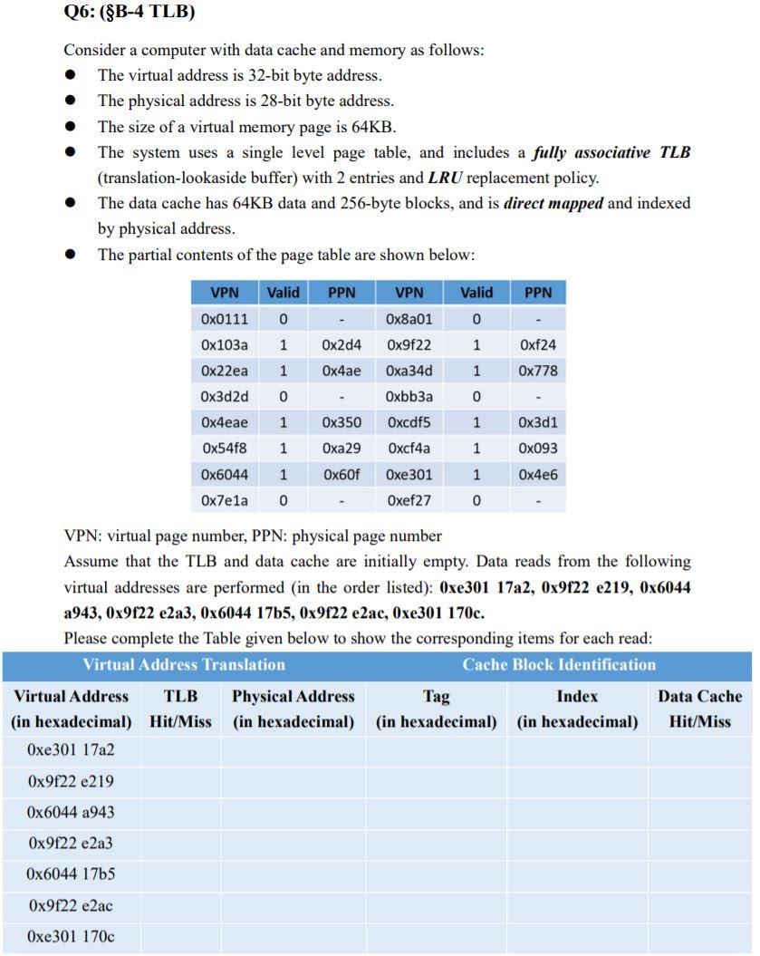 Q6: (B-4 TLB) O Consider a computer with data cache | Chegg.com