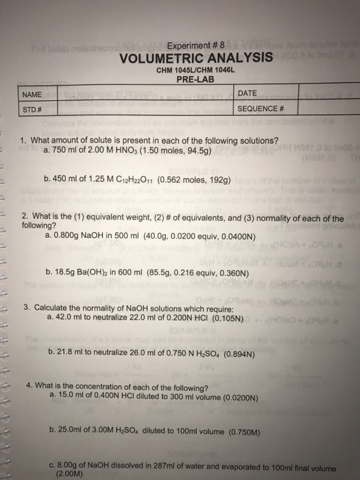 Solved Experiment # 8 VOLUMETRIC ANALYSIS CHM 1045L/CHM | Chegg.com