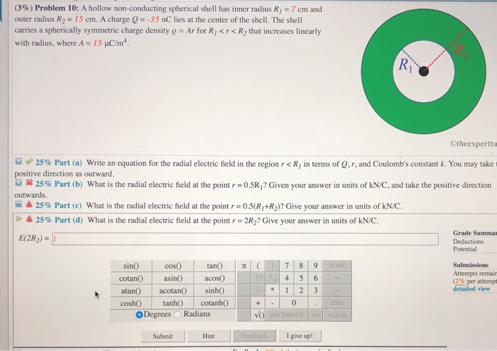 Solved (3%) Problem 10: A hollow non-conducting spherical | Chegg.com