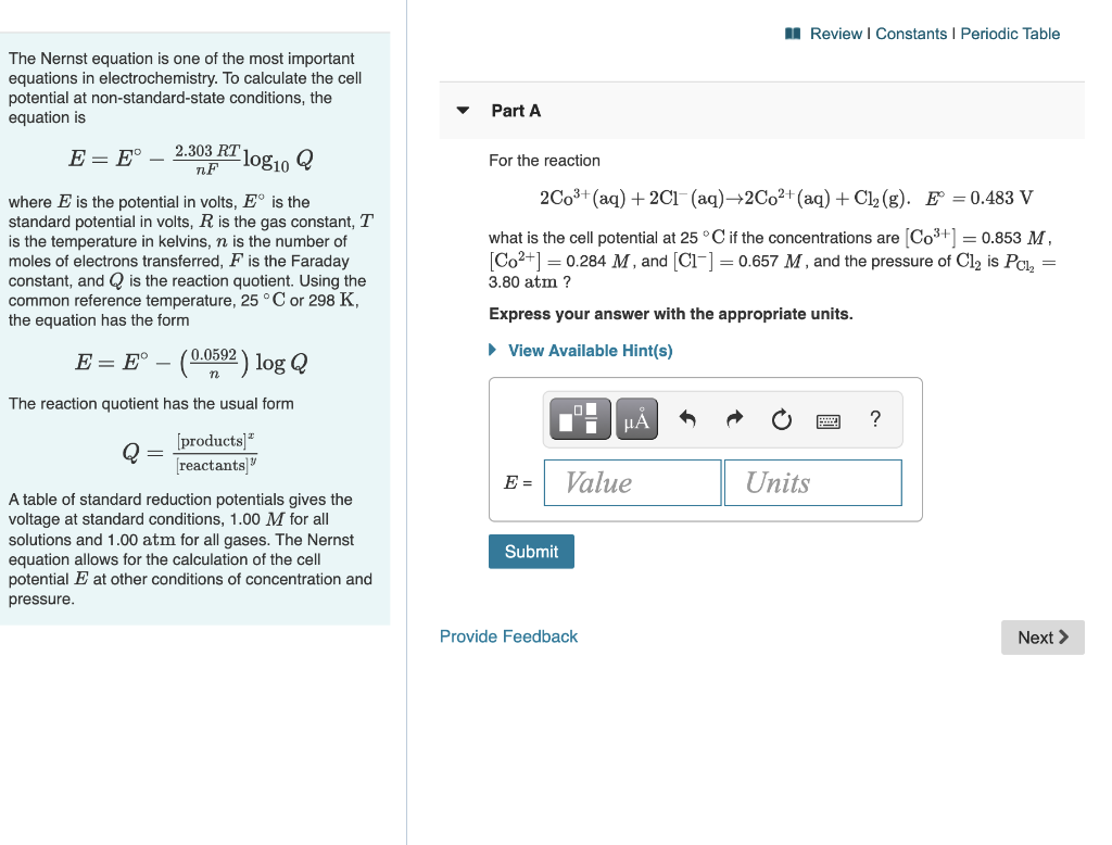 Solved A Review | Constants Periodic Table The Nernst | Chegg.com