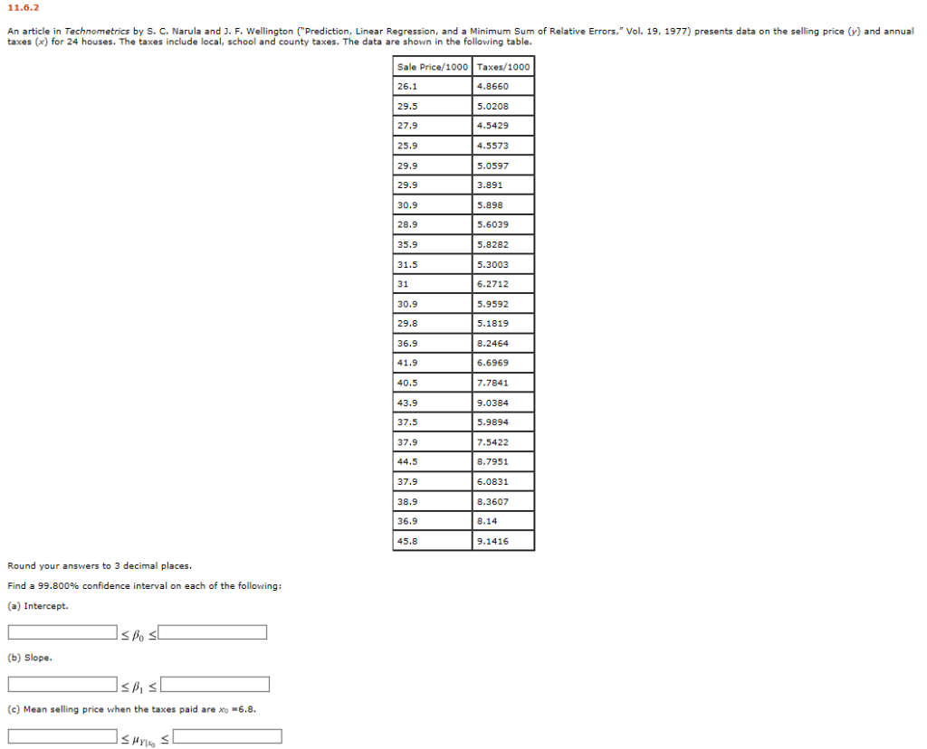 Solved 11.6.2 An article in Technometrics by s. c. Narula | Chegg.com