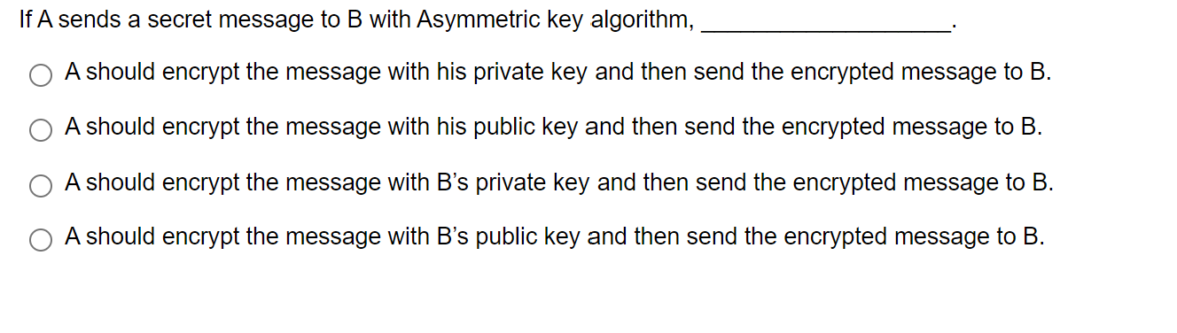 Solved If A sends a secret message to B with Asymmetric key | Chegg.com