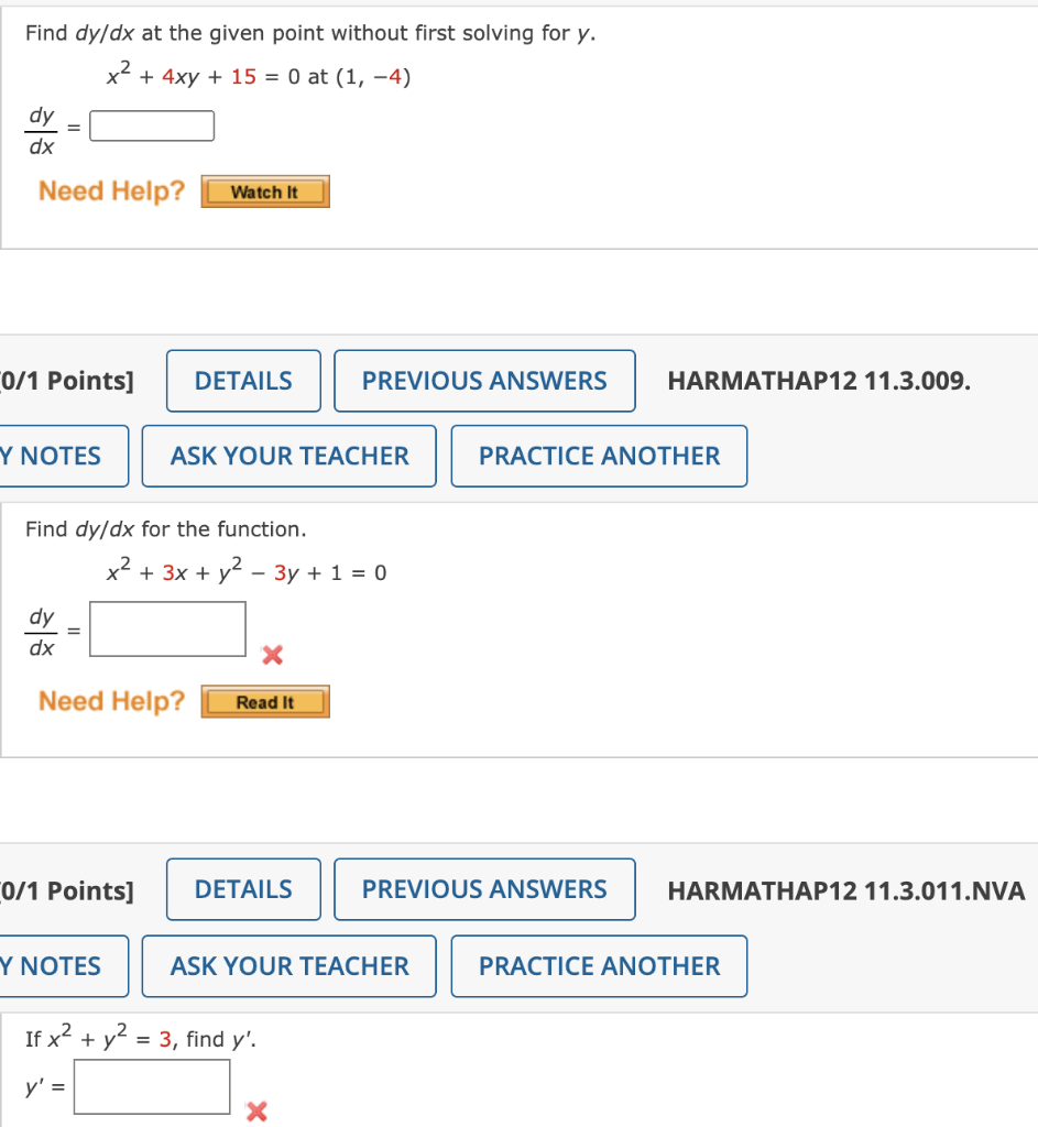 Solved Find dy/dx at the given point without first solving | Chegg.com ...