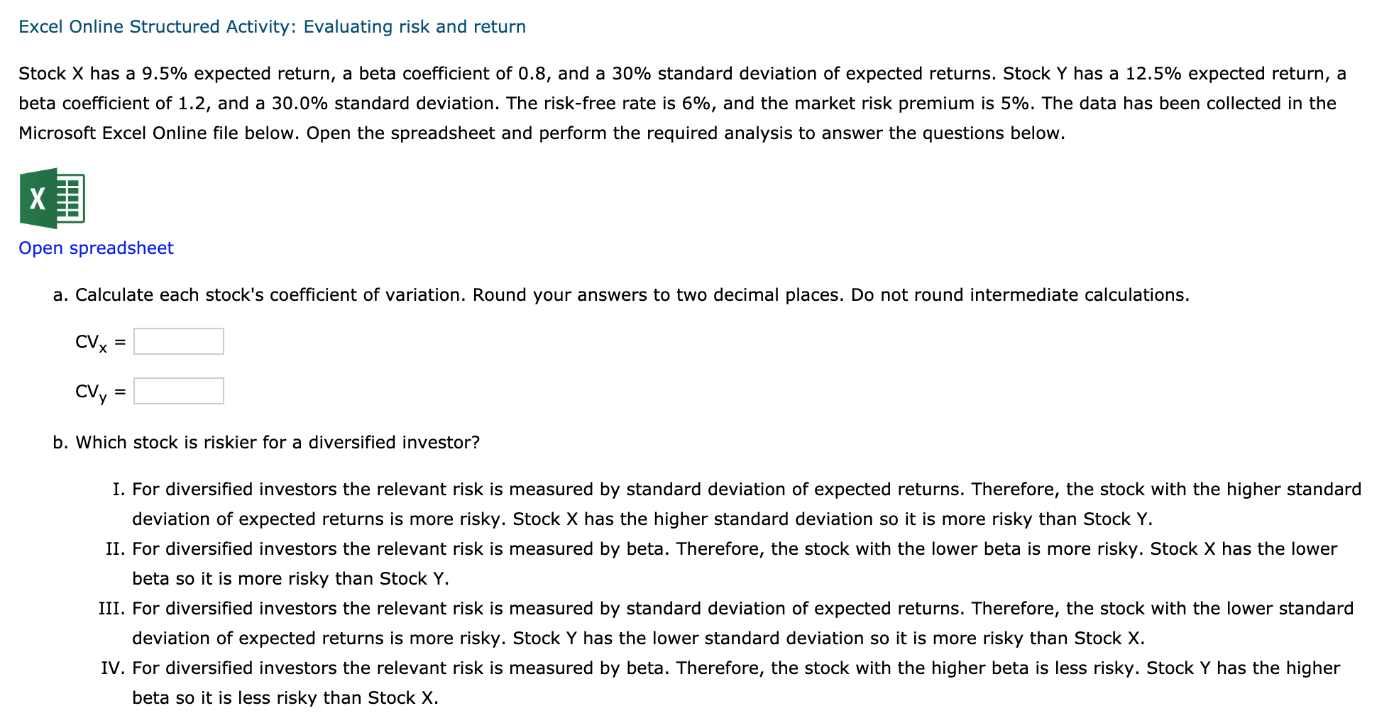 Solved Excel Online Structured Activity: Evaluating risk and | Chegg.com