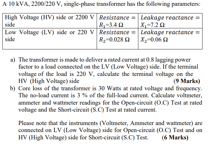 Solved A 10 KVA, 2200/220 V, single-phase transformer has | Chegg.com