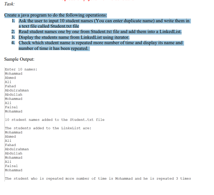 Solved Task: Create a java program to do the following | Chegg.com