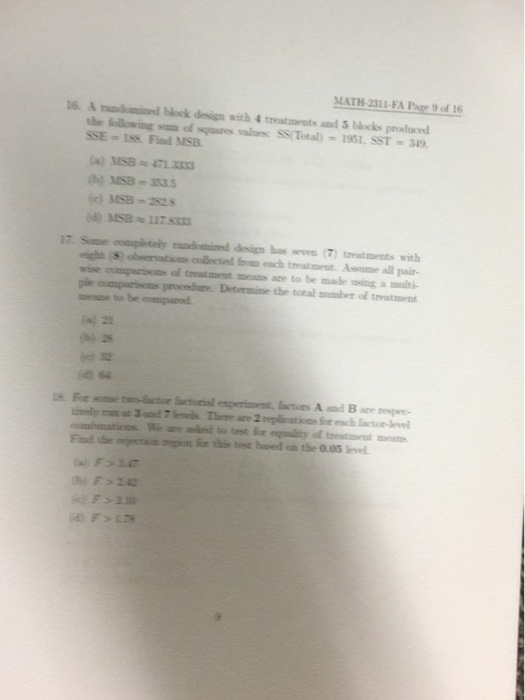 Solved A randomized block design with 4 treatment and 5 | Chegg.com
