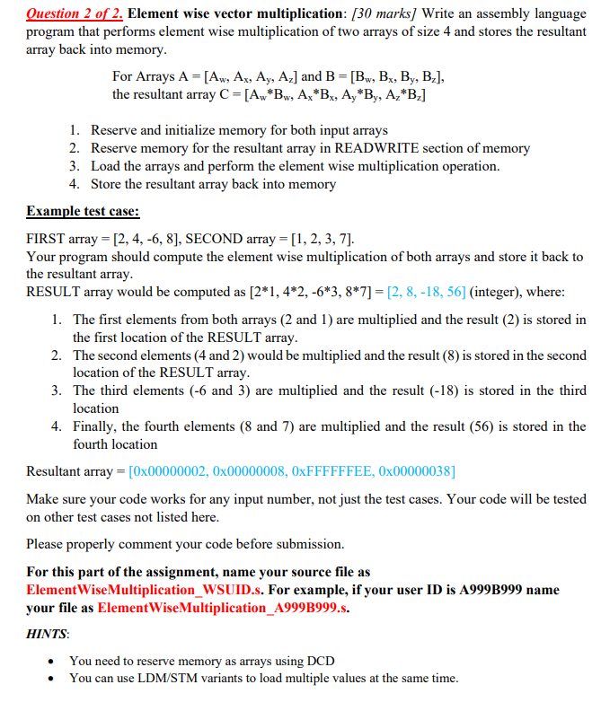 Question 2 of 2. Element wise vector multiplication: | Chegg.com