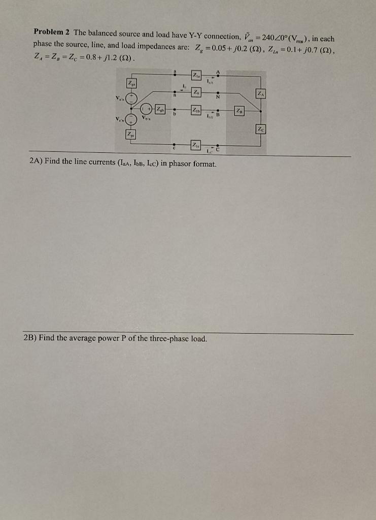 Solved Problem 2 The balanced source and load have Y-Y | Chegg.com