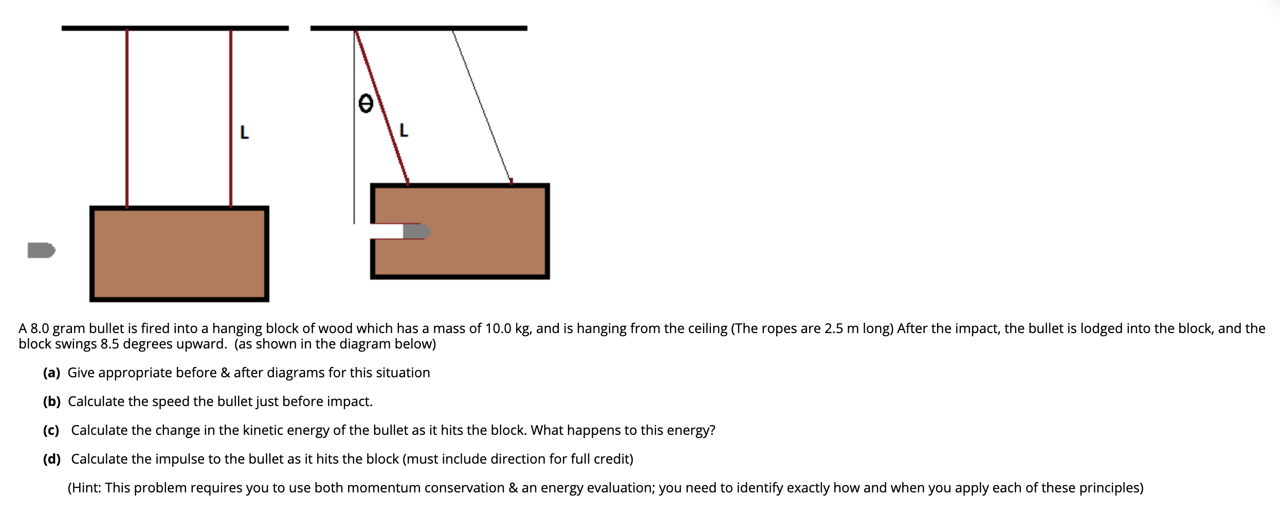 Solved L L A 8.0 gram bullet is fired into a hanging block | Chegg.com