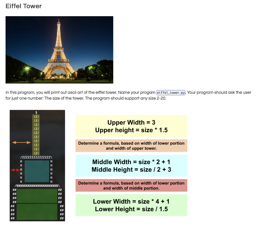 Solved Eiffel Tower In this program, you will print out | Chegg.com